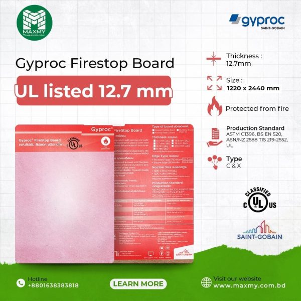12.7mm gypsum board, fire rated board, UL listed board, Gyproc FireStop ...